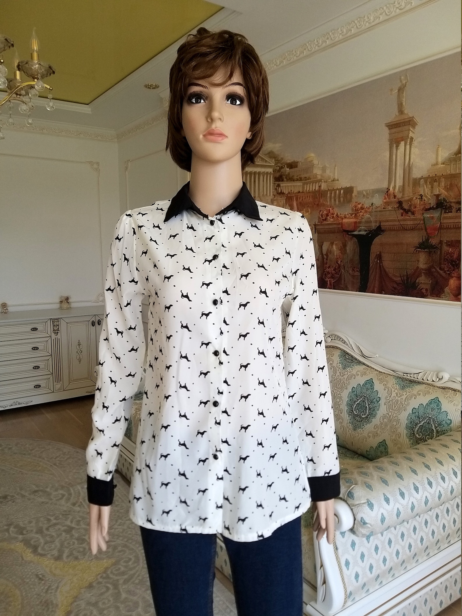 Womens shirt S dog shirt dog blouse dog print top animal print | Etsy