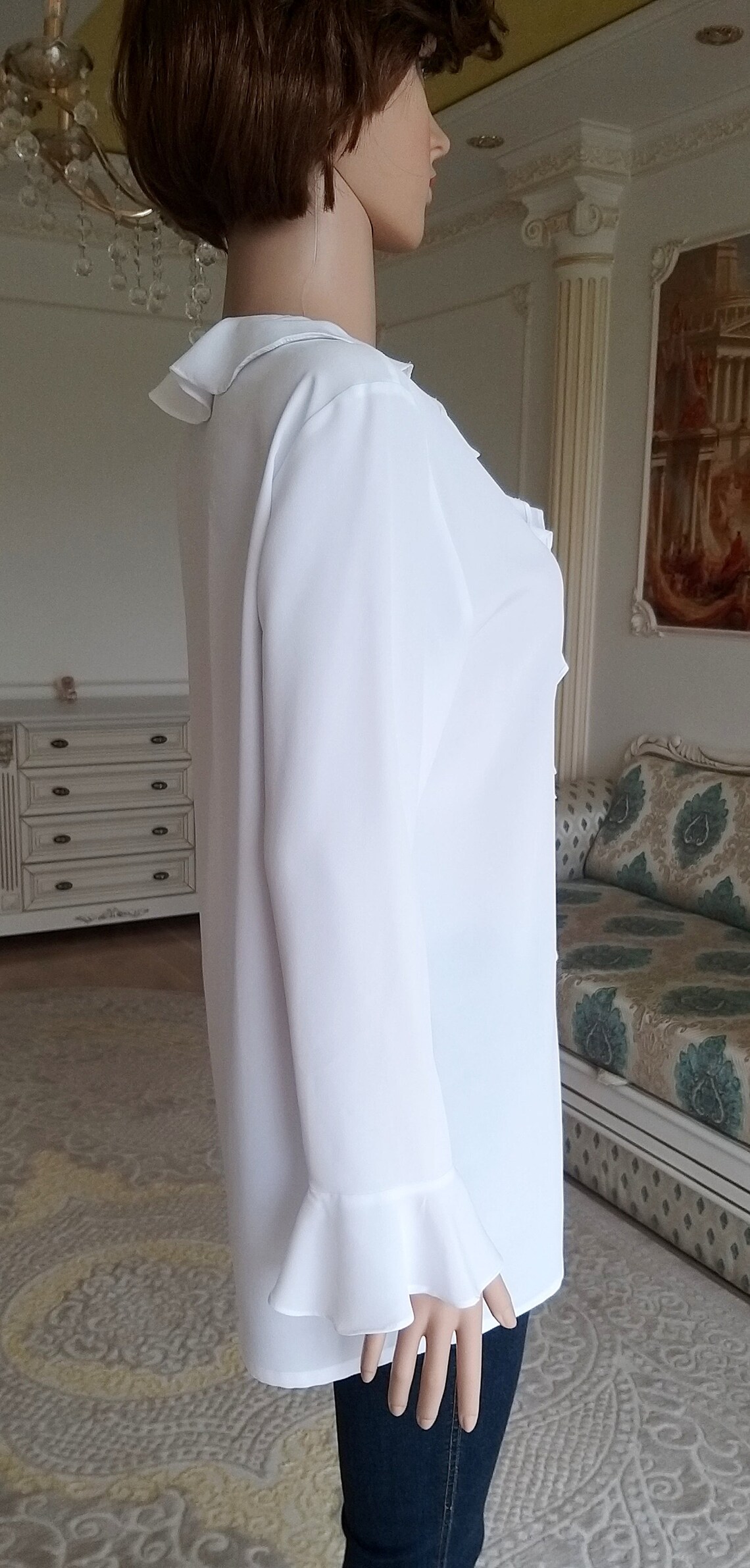 Ruffle blouse L white blouse white Ruffle shirt M boho shirt | Etsy