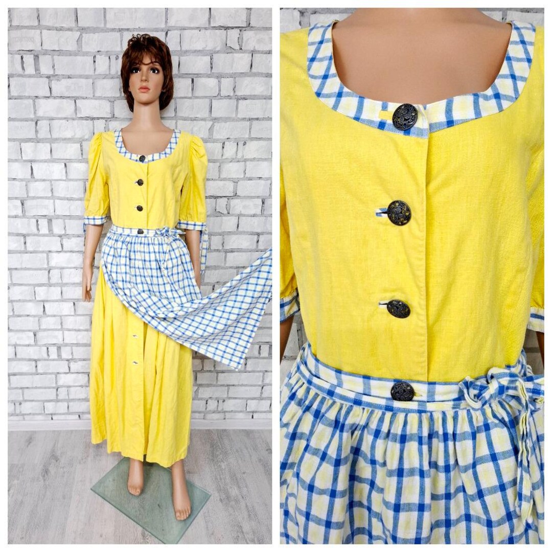 80s Yellow Linen Dirndl Dress XL Oktoberfest Clothing Retro Linen Dress ...