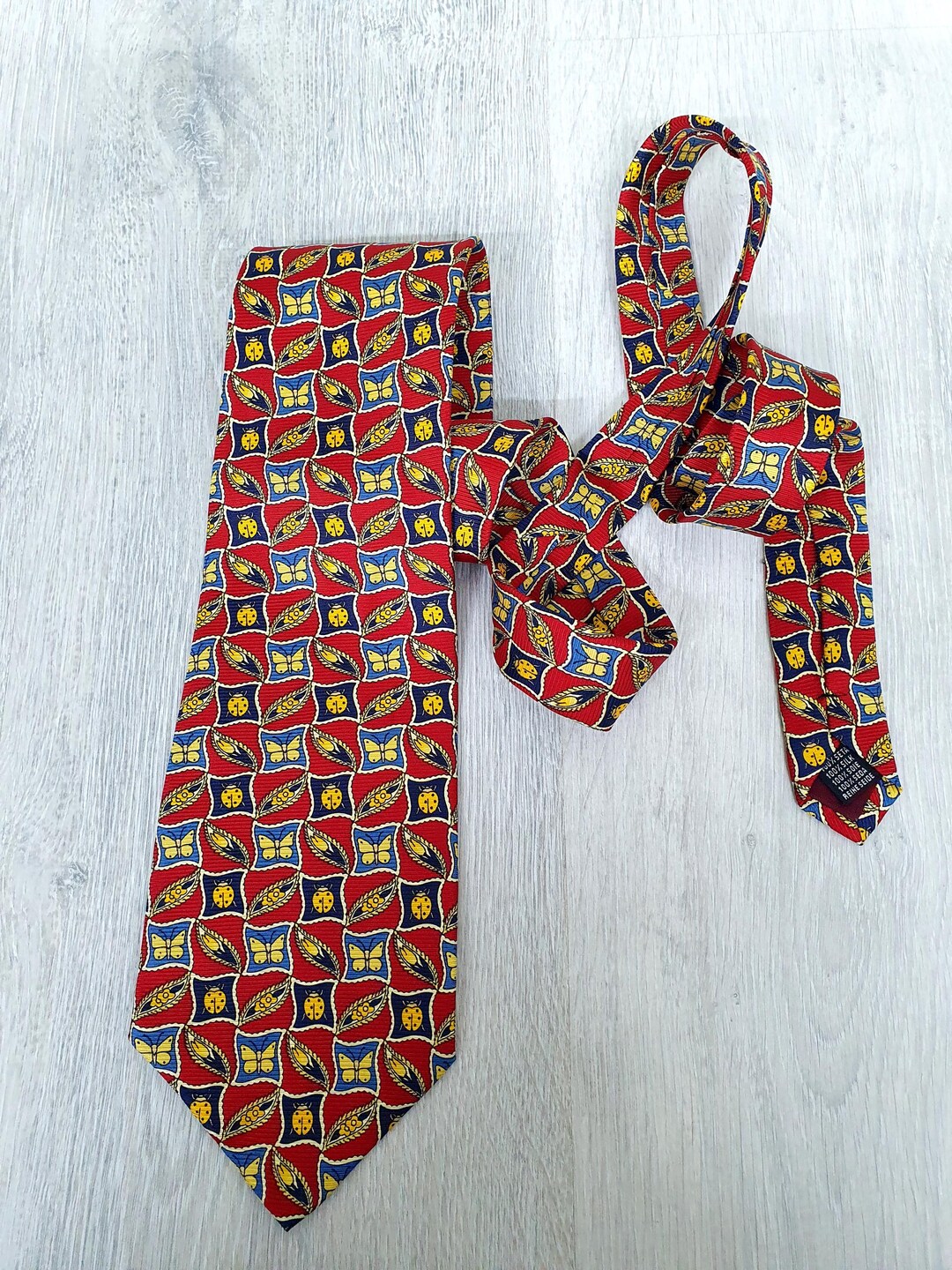 Vintage Red Yellow Silk Ladybug Insect Butterfly Print Tie Wedding ...