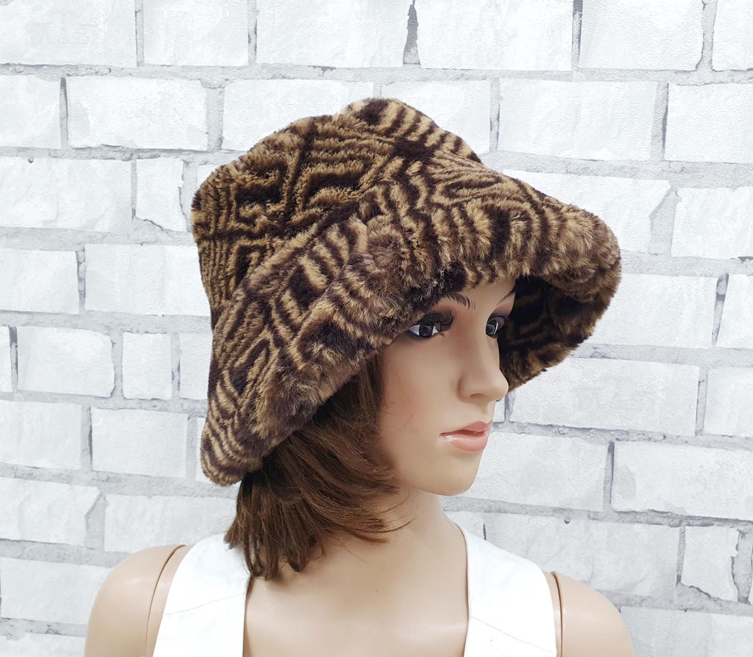 Vintage Brown Faux Fur Bucket Hat Women Accessories Retro Casual ...