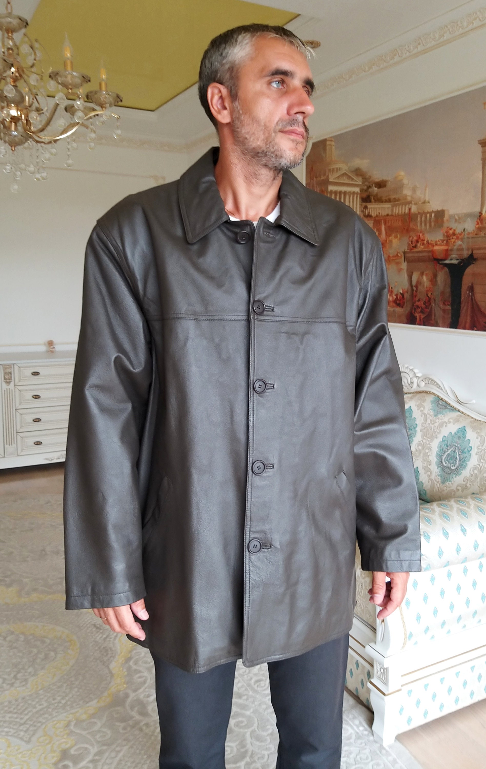Mens Leather Coat vintage mens Leather Clothing mens Trench | Etsy