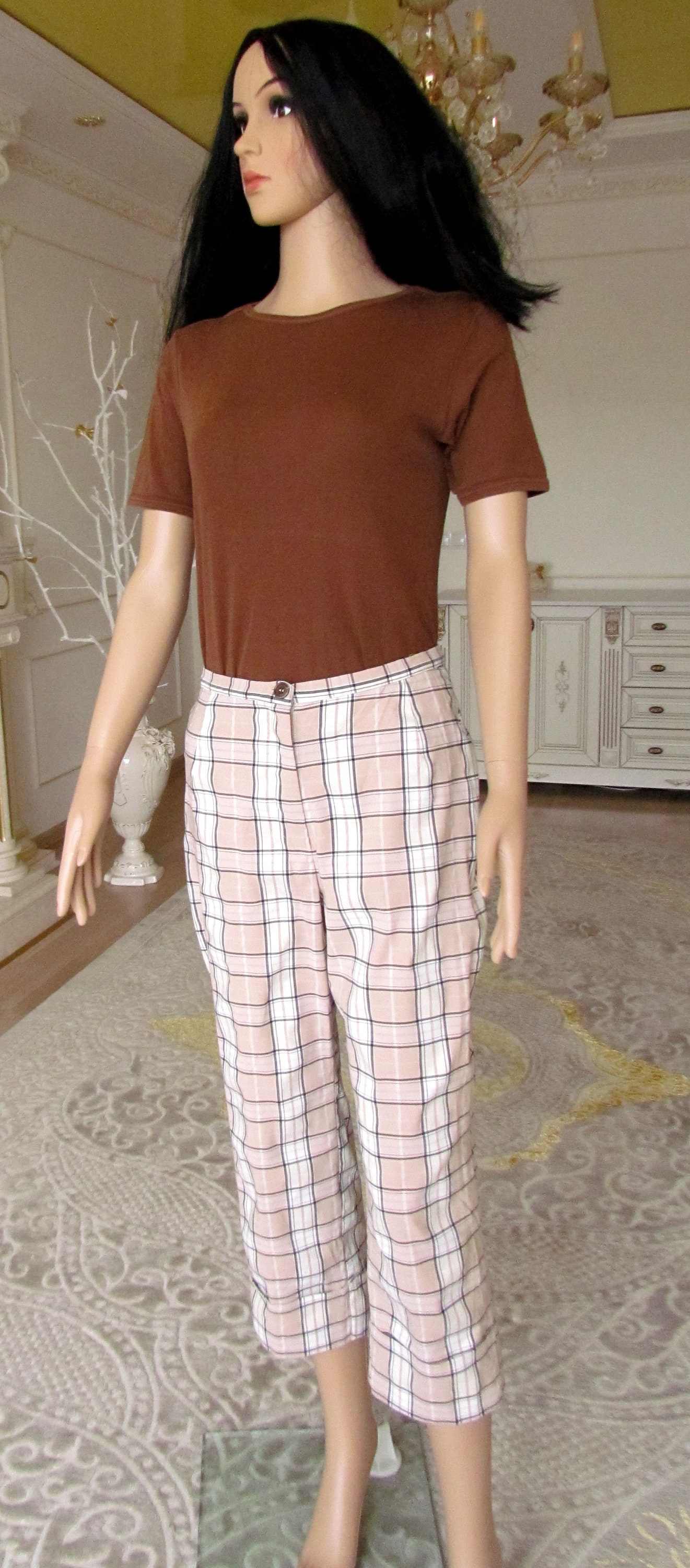 Chino Capri Pants Womens Plaid Pants Brown Plaid Pants Retro Pants ...