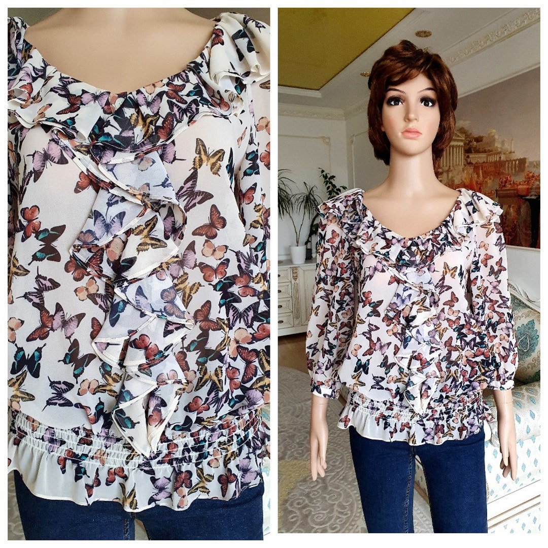 Butterfly Ruffle Blouse Boho Shirt Womens Shirt Butterfly Print Blouse ...