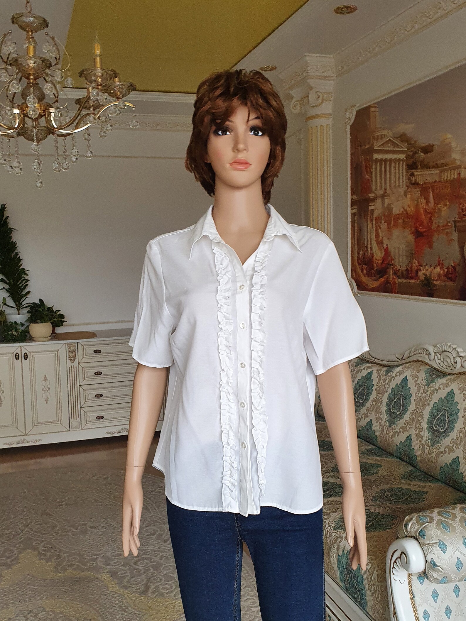 Ruffle Blouse L White Blouse White Ruffle Shirt Boho Shirt - Etsy