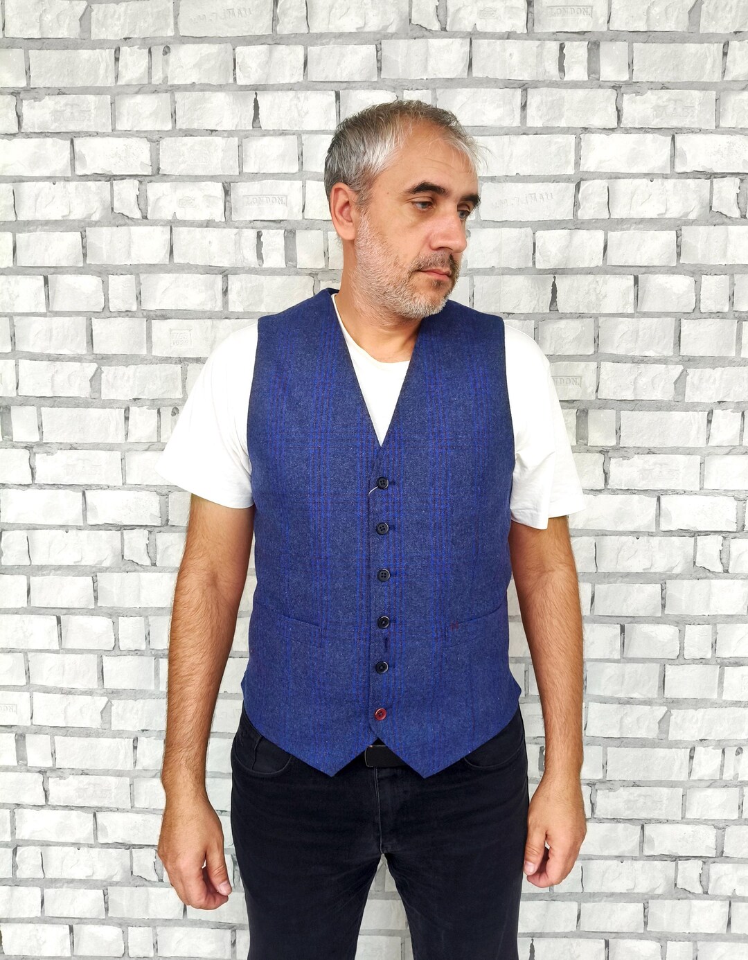 Vintage Mens Plaid Navy Blue Wool Vest M/L Father Gift Tartan Vest ...