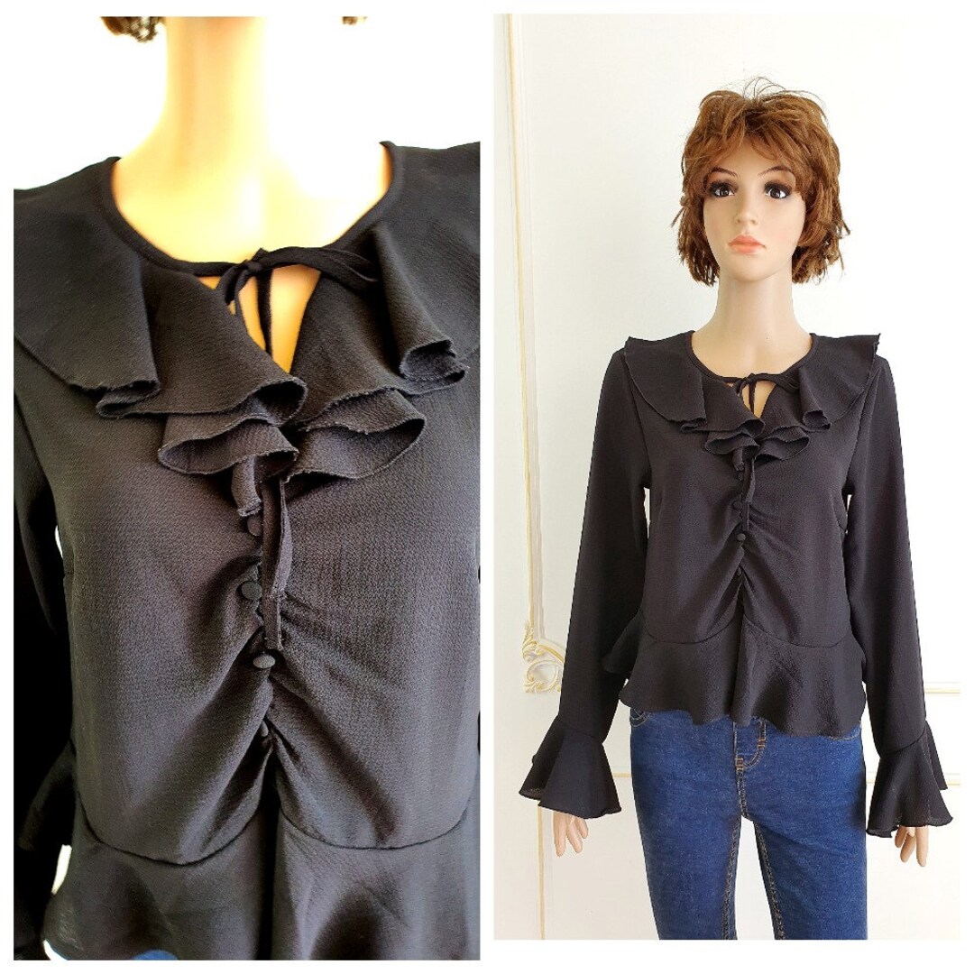 Black Ruffle Blouse Black Blouse Black Victorian Blouse S Edwardian ...