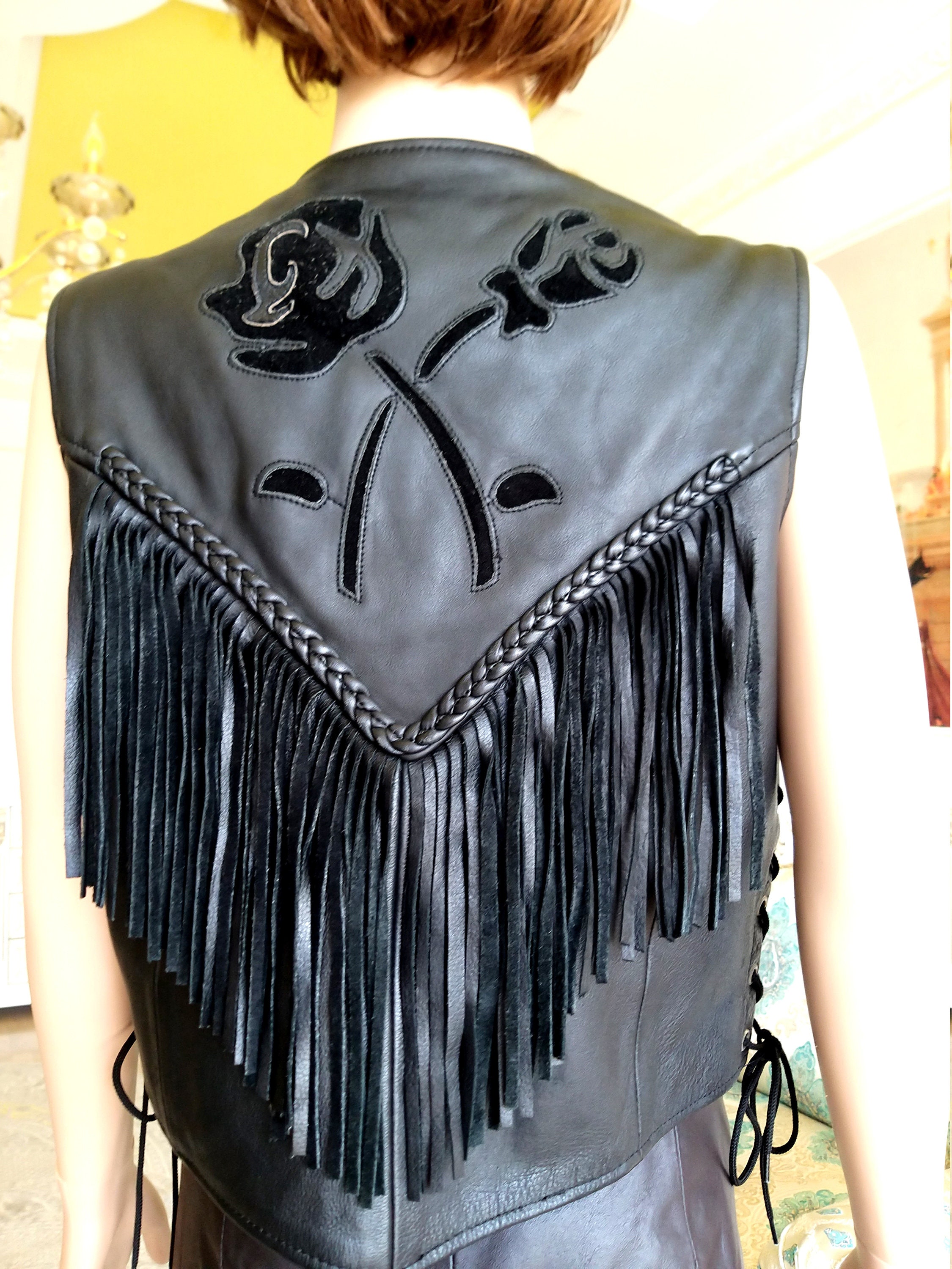 Fringe Vest Black Leather Clothing cowgirl Vest Vintage womens | Etsy