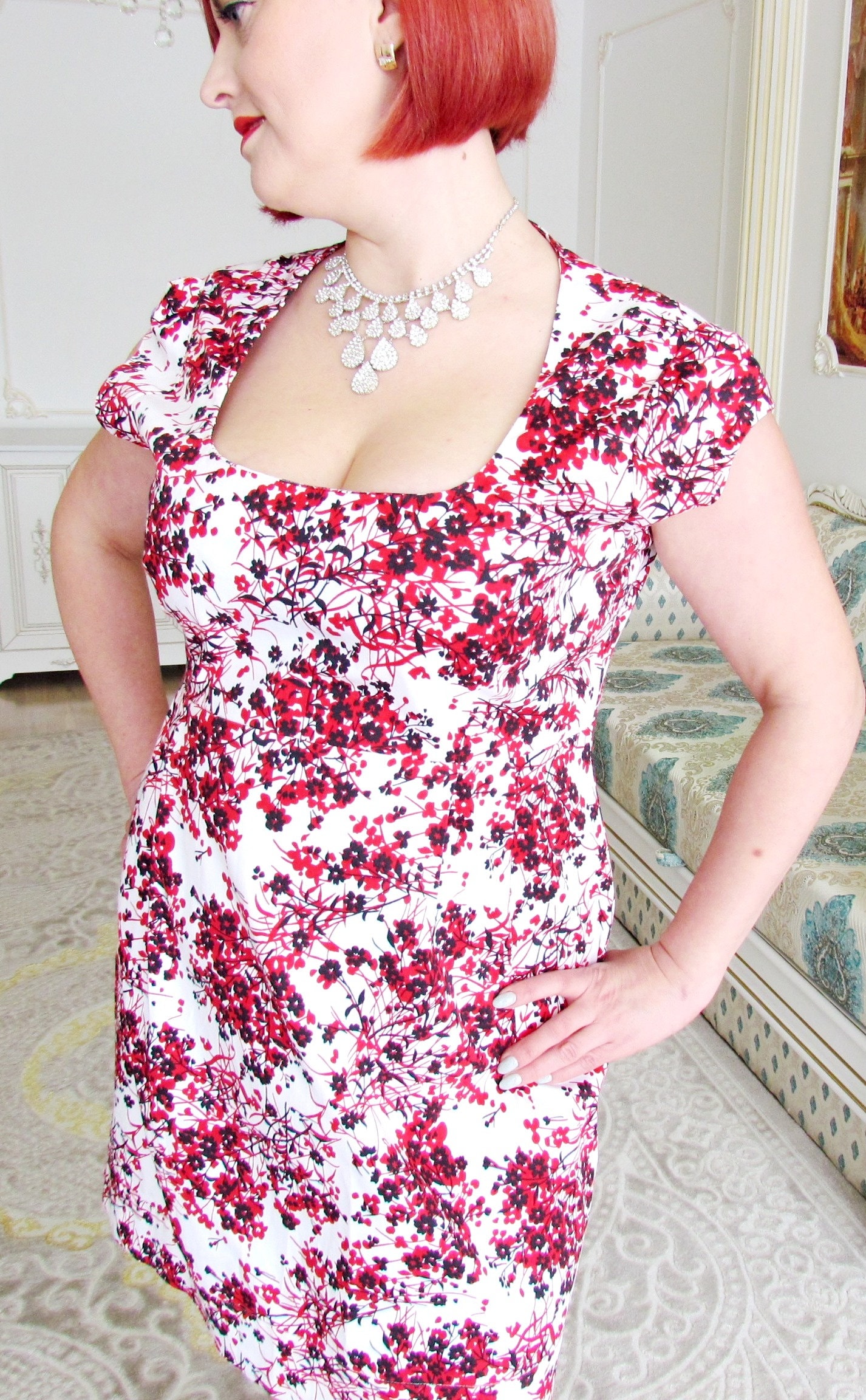 Women Dress L Floral Dress Red White Dress Patterned Dress - Etsy