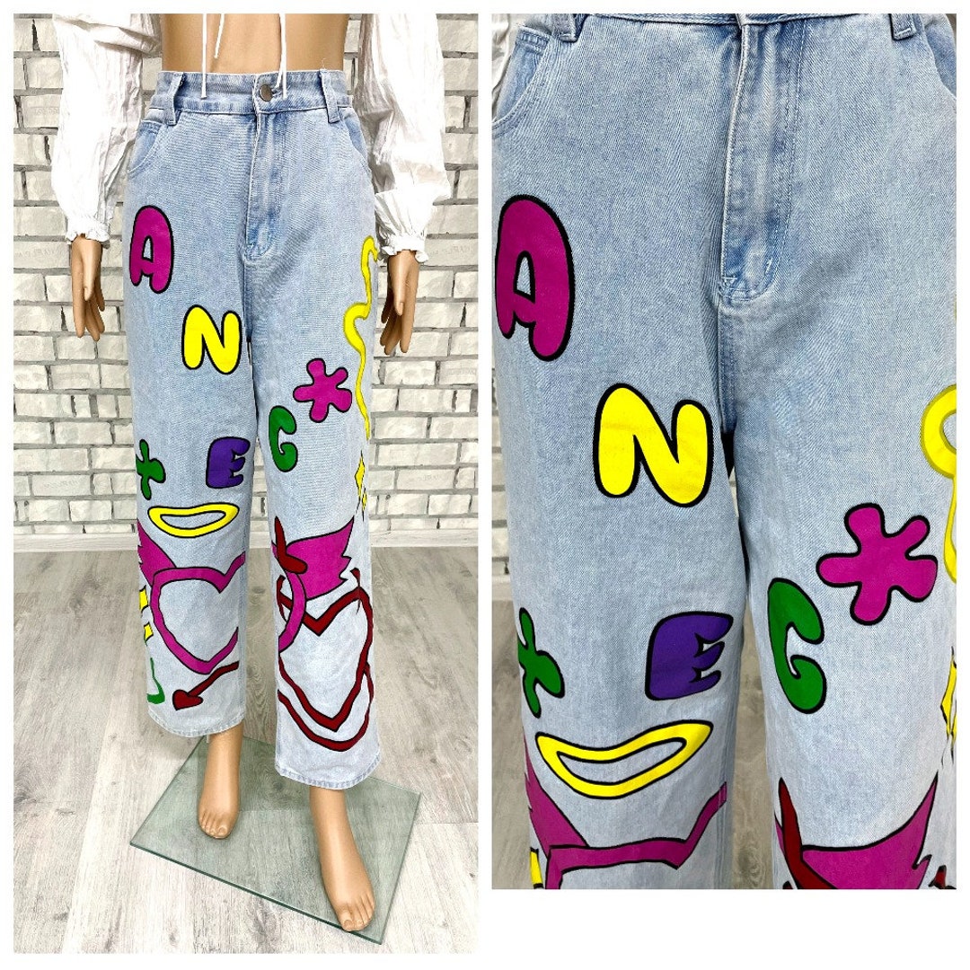 Angel Heart Print Jeans Pants Hand Painted Jeans Pants Vintage Denim ...