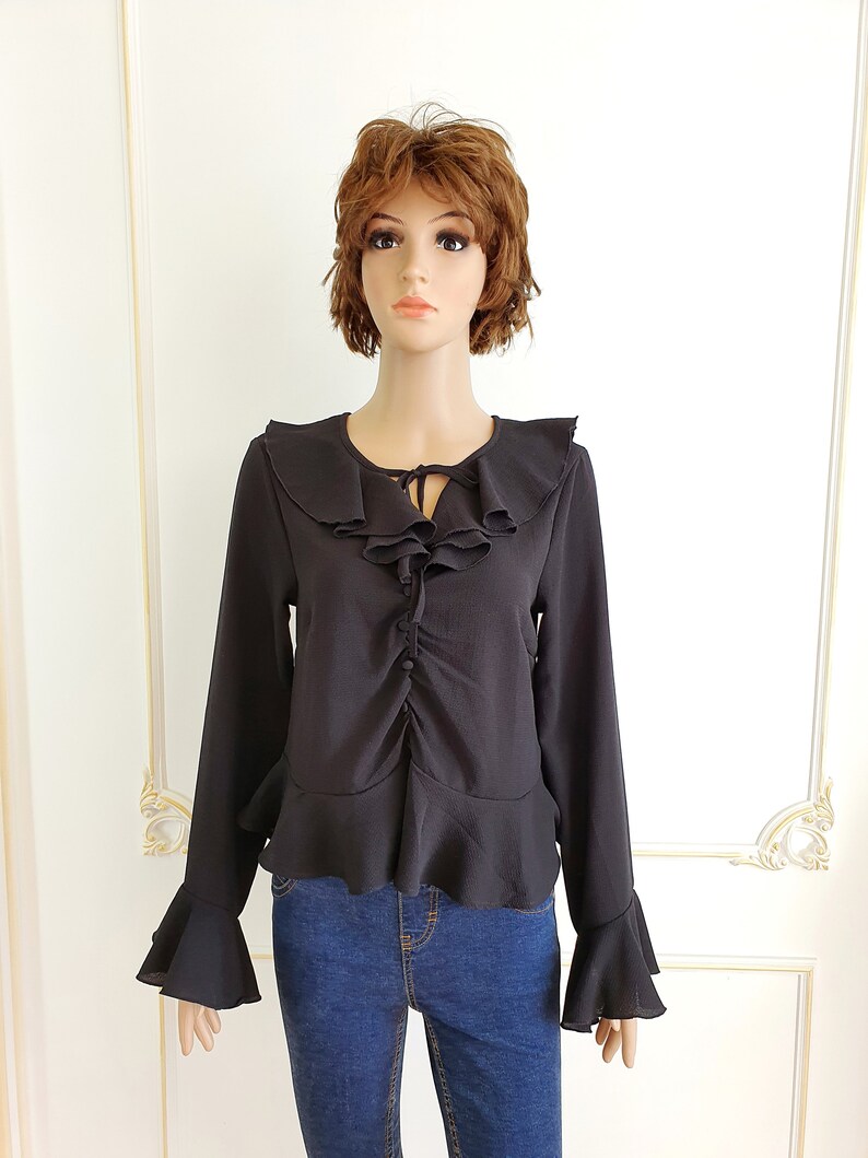 Black Ruffle Blouse Black Blouse Black Victorian Blouse S - Etsy