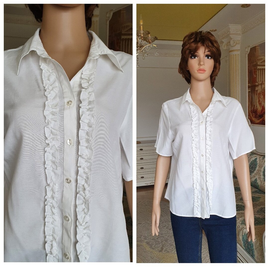 Ruffle Blouse L White Blouse White Ruffle Shirt Boho Shirt Womens Shirt ...