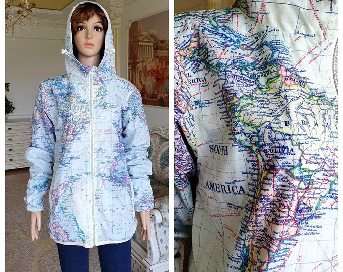 Womens Windbreaker Jacket World Map Print Hooded Jacket Sport Suit Top ...