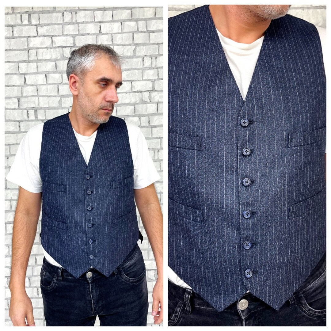 Men's Vest Wool Vest Wool Top Navy Blue Vest Groom Vest Vintage Striped ...
