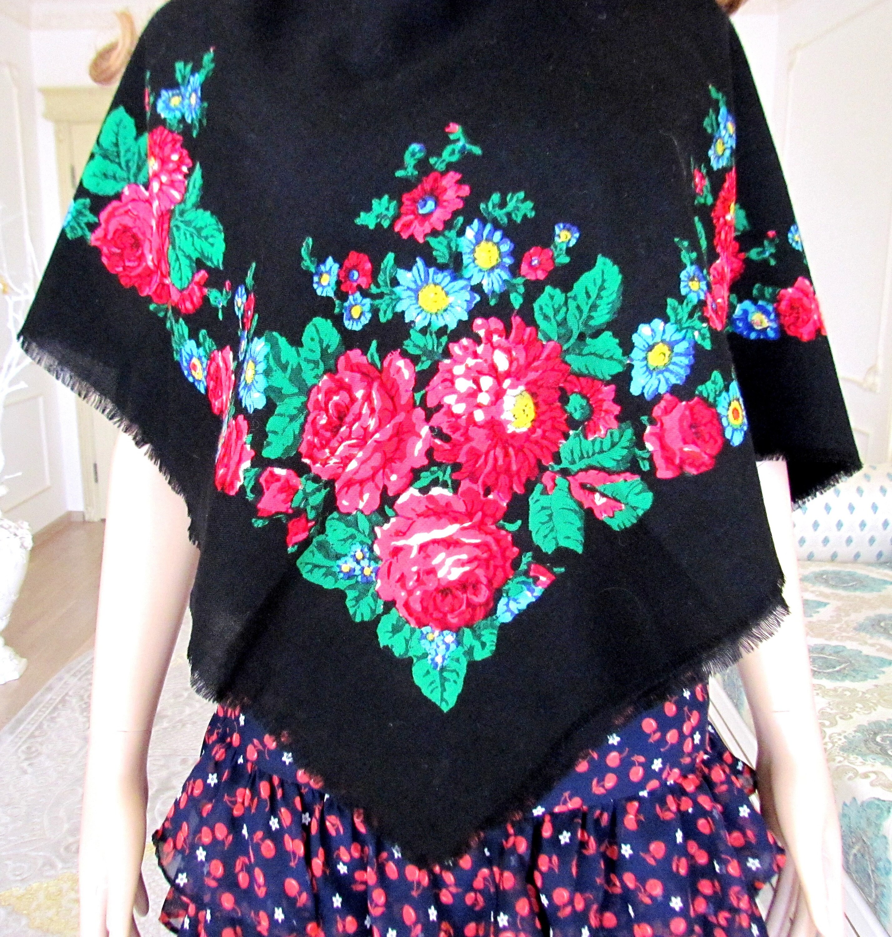 Mothers Day Gifts Grandmother Black Floral Scarf Wool Scarf | Etsy