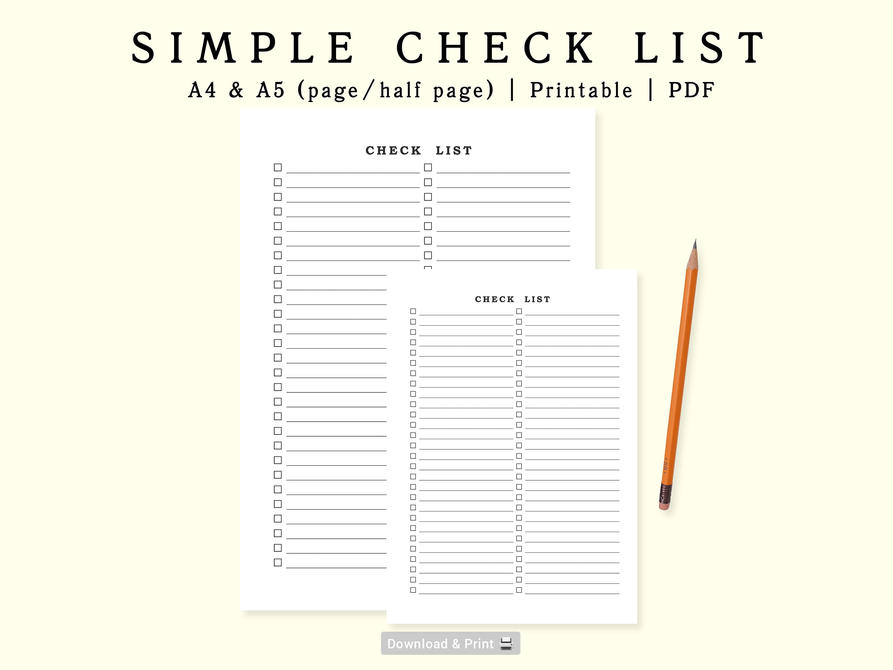 Simple Check List To-do List A4, A 5 page, Half Page Printable PDF ...