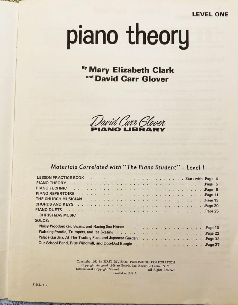 Piano Theory Level One Programmed Text First Edition 1967 Mary ...