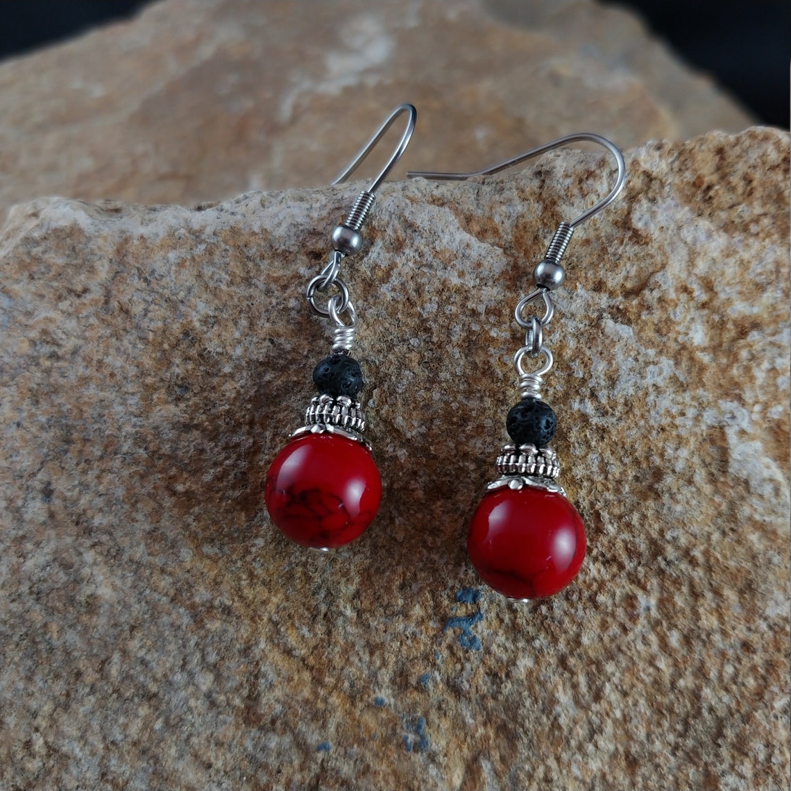 Volcano Lava Earrings With 4mm Lava and Red Magma Turquoise - Etsy