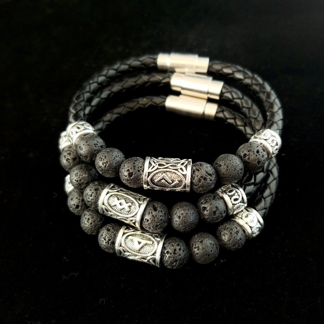 Icelandic Braided Leather Runes Lava Bracelet Runic Viking Jewelry - Etsy