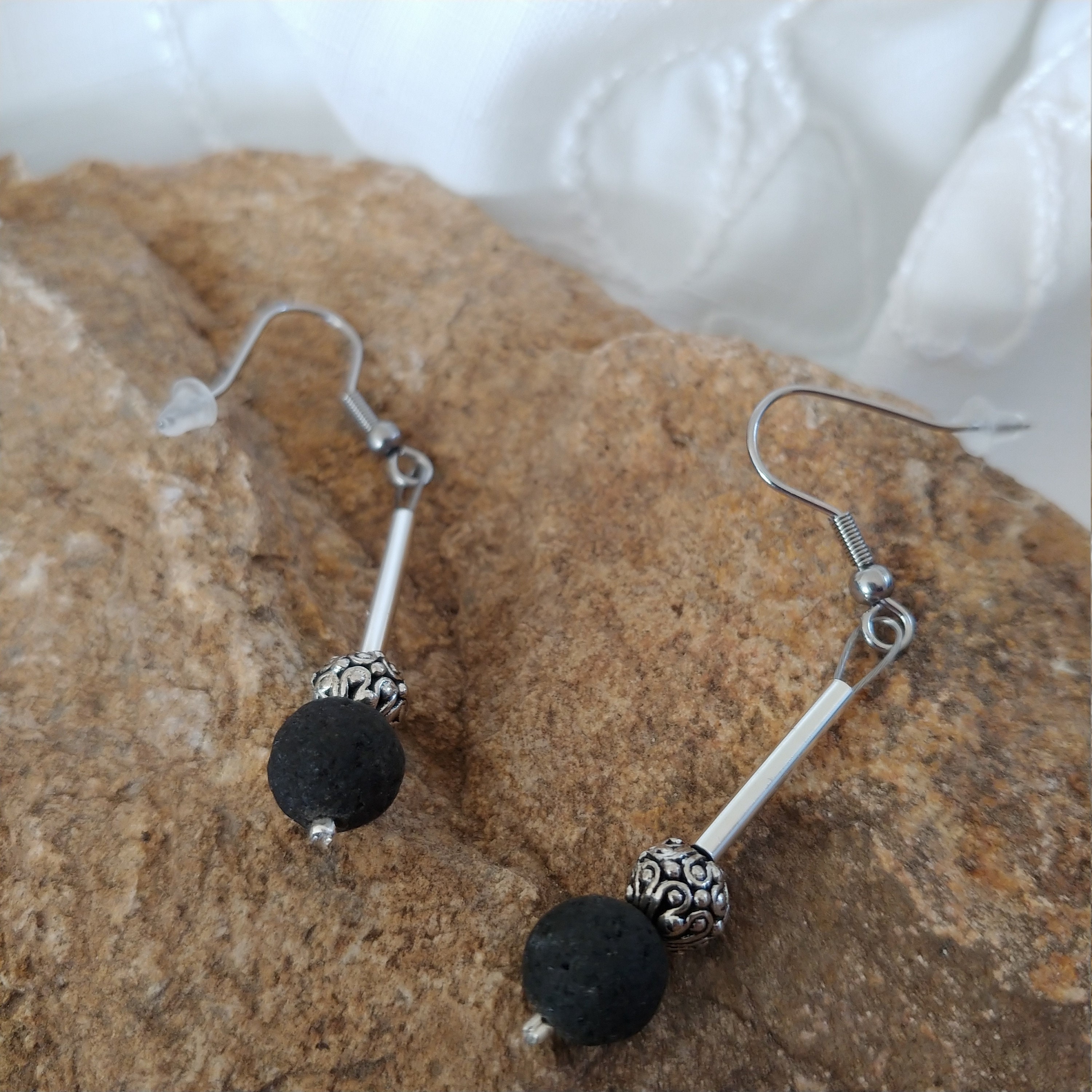 Lava Rock Silver Tube Earrings With Beautiful Round Spacer - Etsy