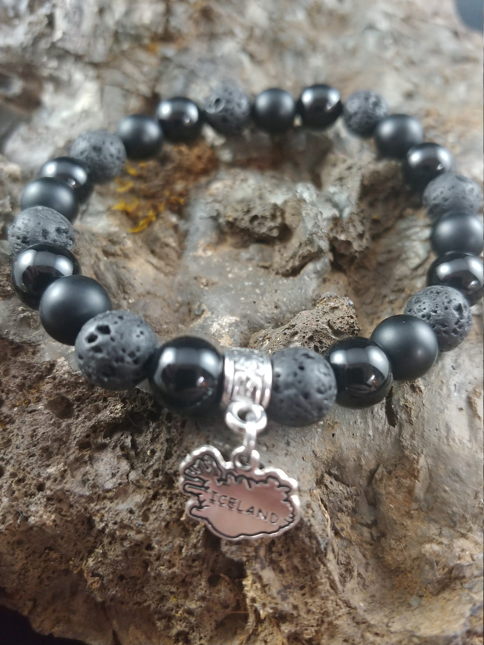 Lava and Onyx Bracelet With Iceland Charm 2 Types - Etsy