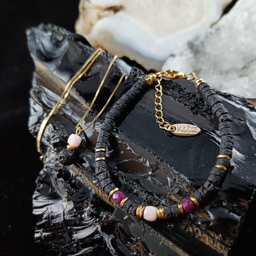 Ruby and Rose Quartz Lava Jewelry Set - Necklace and Bracelet - Iceland ...