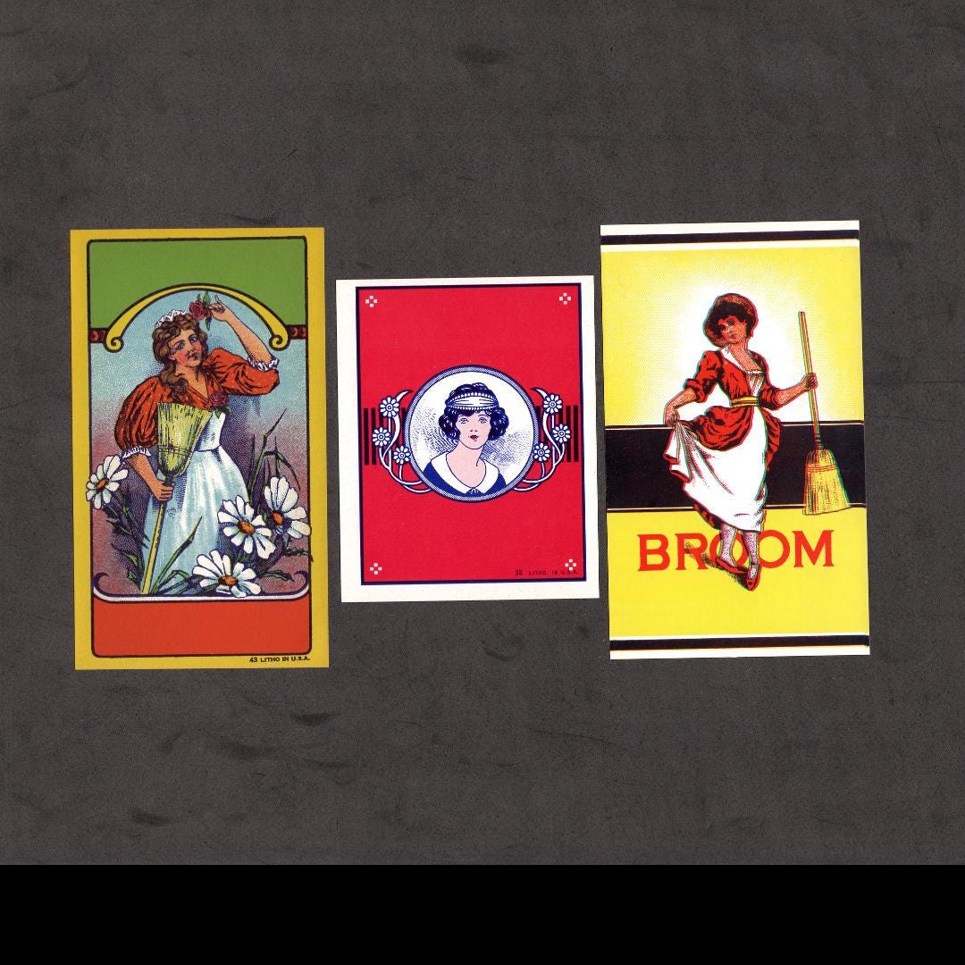 Lot of 3 Vintage Broom Labels Depicting Ladies With Some Holding Brooms ...