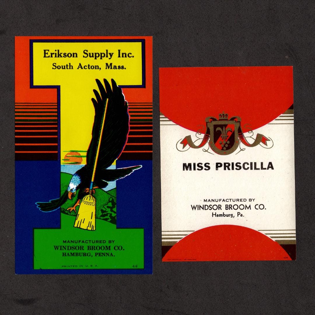 Lot of 2 Vintage Broom Labels for the Windsor Broom Company in Hamburg ...