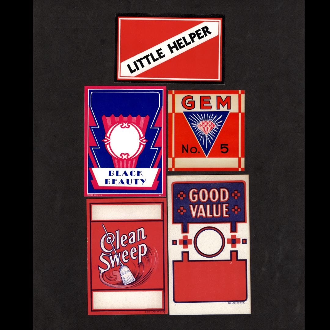 Lot of 5 Vintage Broom Labels From Unknown Manufacturers, Including ...