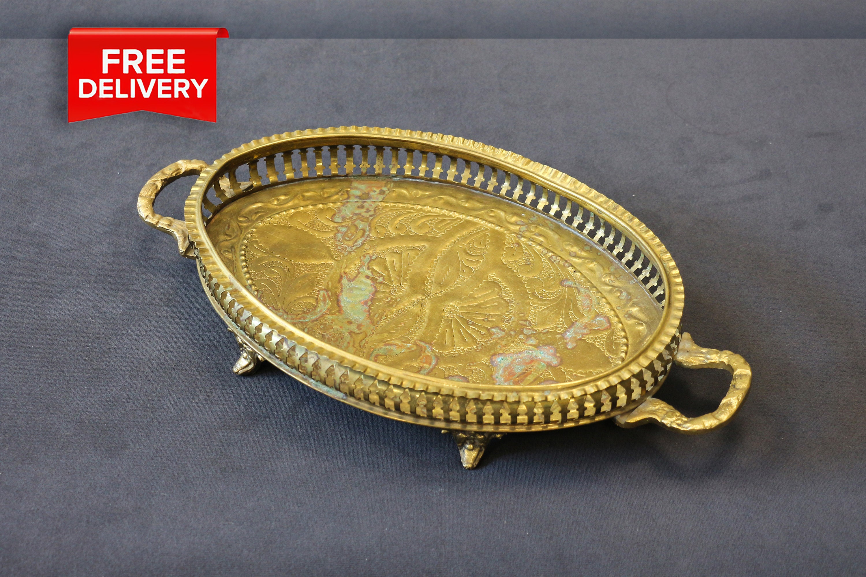 Brass Engraved Arabic Tray With Handles Islamic Etched Footed - Etsy