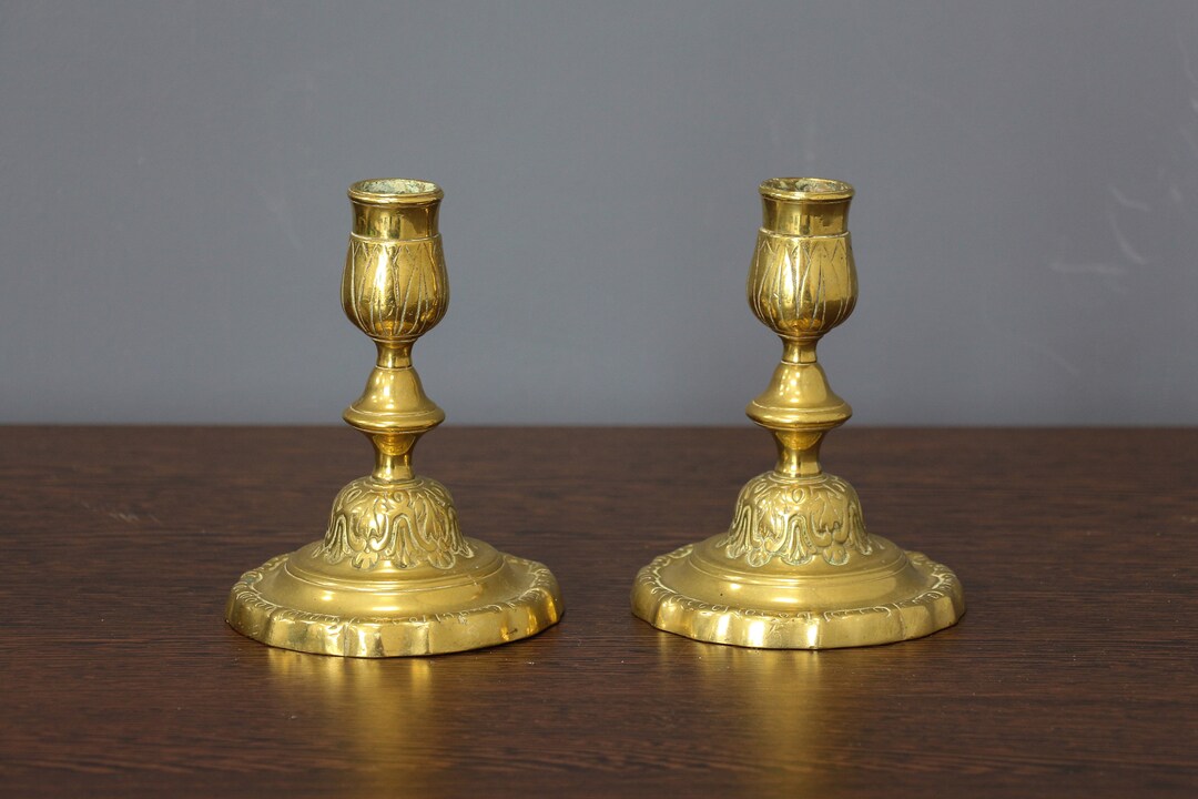 Brass Etched Pair Candlesticks, Art Deco Brass Candlesticks, Engraved ...