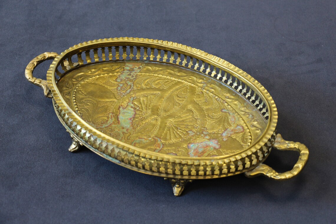 Brass Engraved Arabic Tray With Handles Islamic Etched Footed - Etsy
