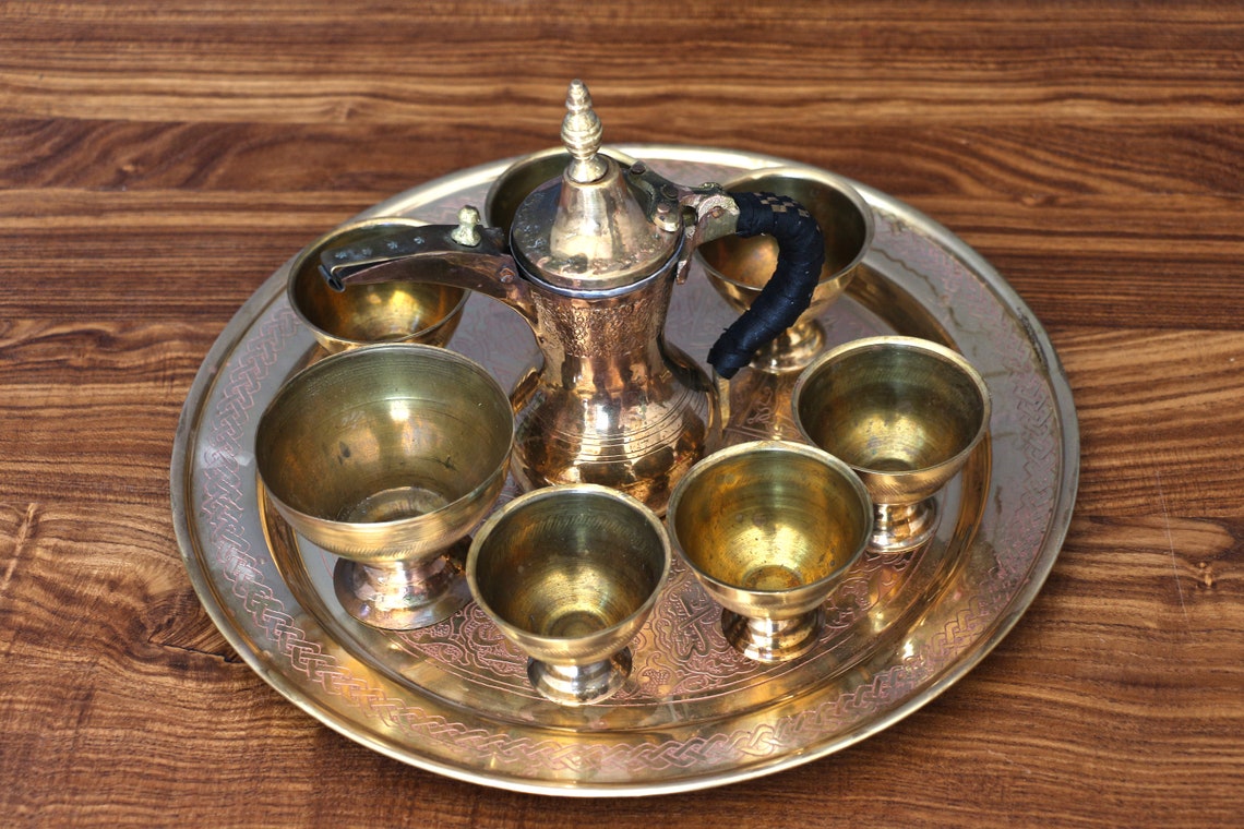 Vintage Dallah Turkish coffee set. Brass Islamic pot cups | Etsy