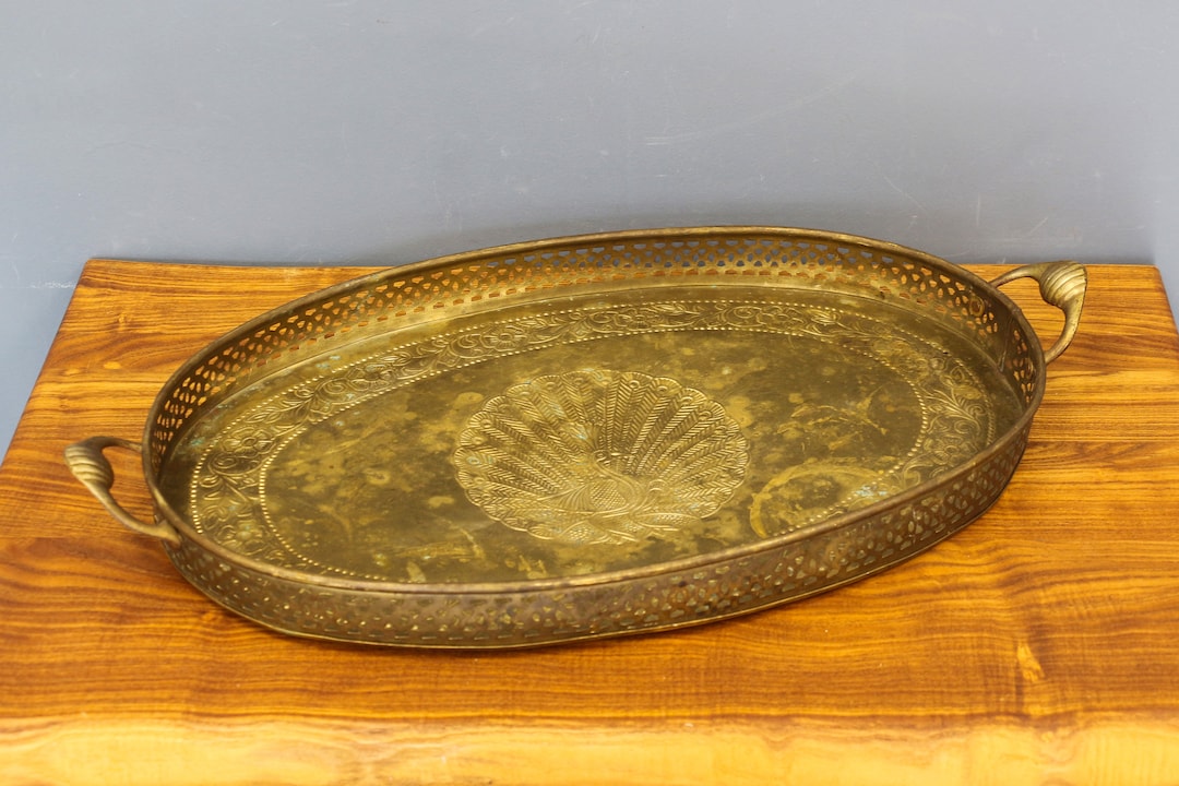 Brass Engraved Arabic Tray With Handles, Vintage Etched Round Tray ...