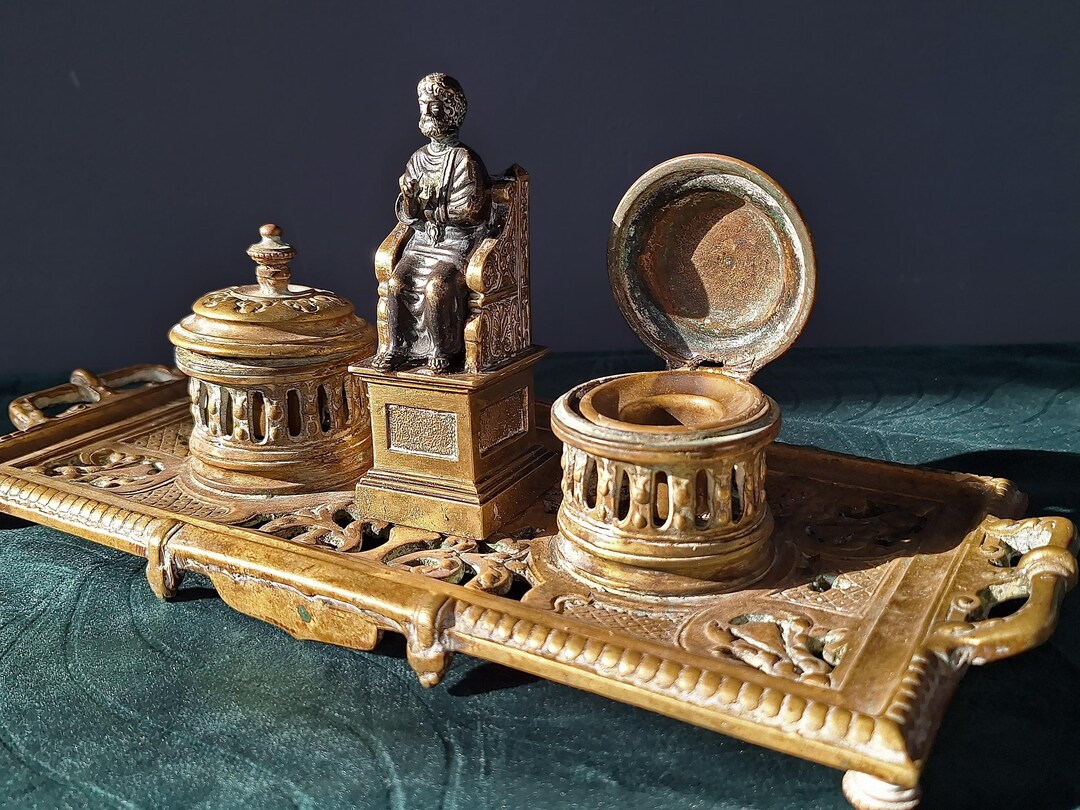 Victorian Brass Double Inkwell, St Peter Statue, Pen Rest Desk Tidy - Etsy