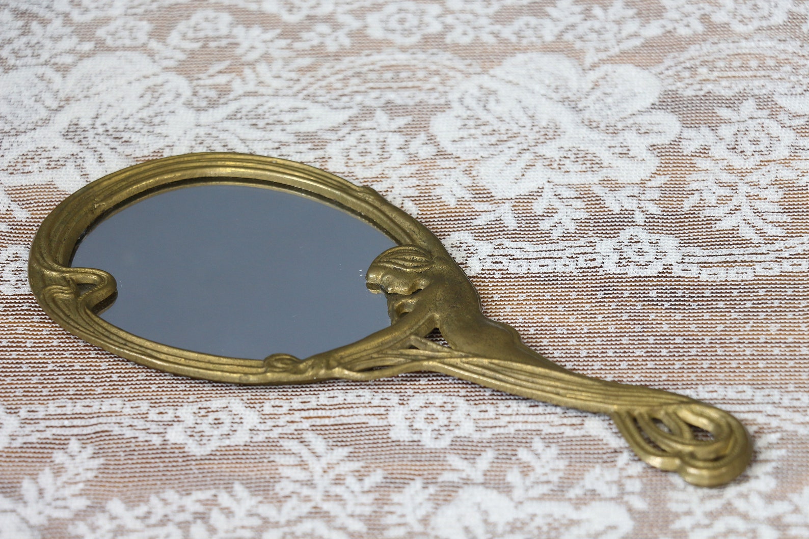 Brass Art Nouveau French Hand Vanity Mirror, Antique Bronze Baroque ...