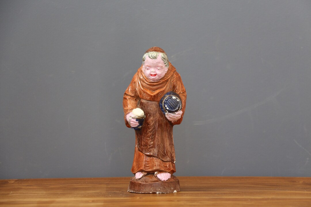 Vintage Wood German Monk Statue Drinking Wine, A Wood-carved Statue of ...