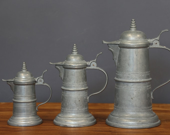 Vintage Pewter Pitcher. Set of Three Tin Jugs. Beer Tankards. Etain ...
