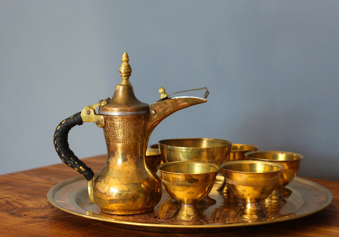 Vintage Dallah Turkish coffee set. Brass Islamic pot cups | Etsy