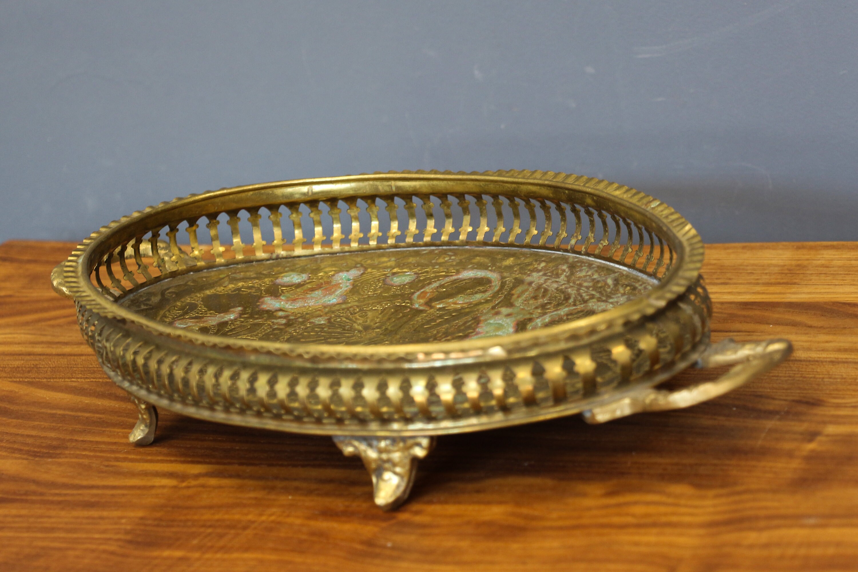 Brass Engraved Arabic Tray With Handles Islamic Etched Footed - Etsy