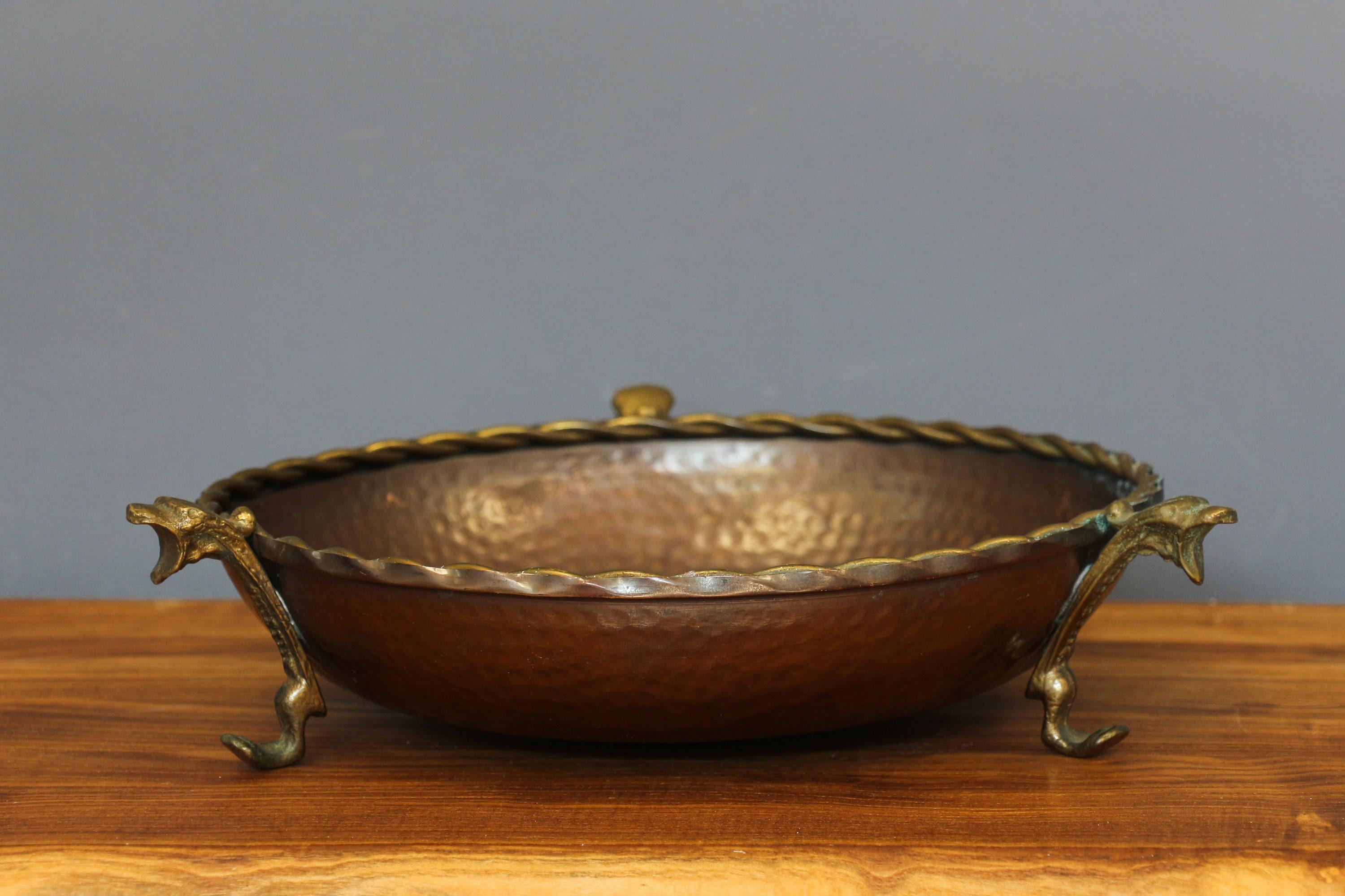 Antique Dragons Footed Copper Bowl, Unique Round Copper Baroque Plateau ...