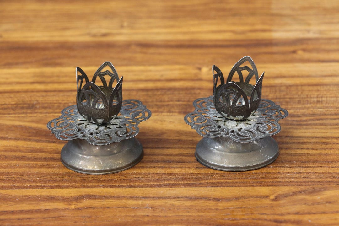 Metal Pair Short Candlesticks, French Filigree Pair Candleholders ...