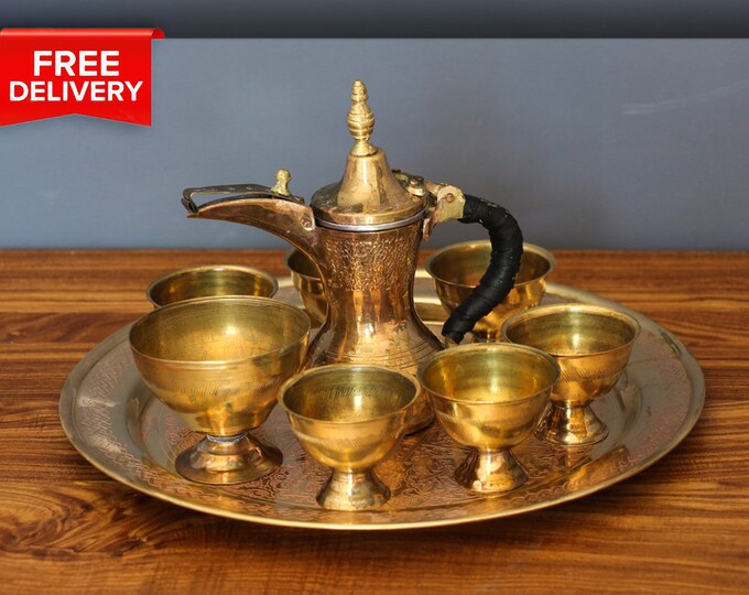 Vintage Dallah Turkish Coffee Set. Brass Islamic Pot, Cups, and Plate ...