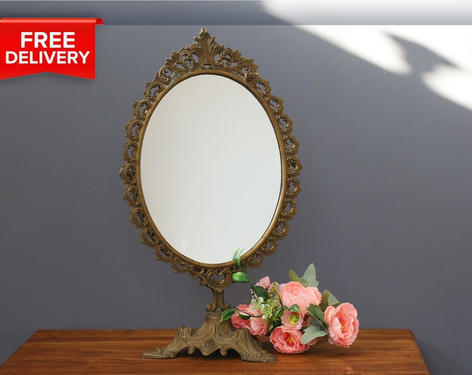 Vintage Bronze Swivel Mirror, Rotating Standing Bronze Mirror, Table ...