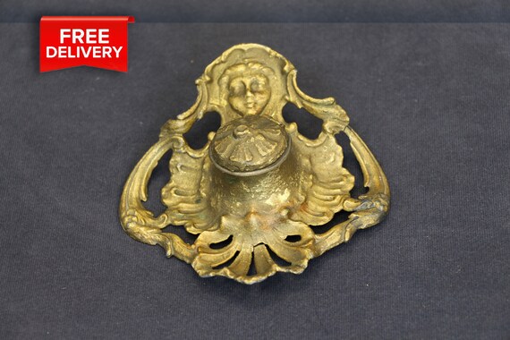 Antique Brass Inkwell With Woman Face Ornate Small Bronze - Etsy