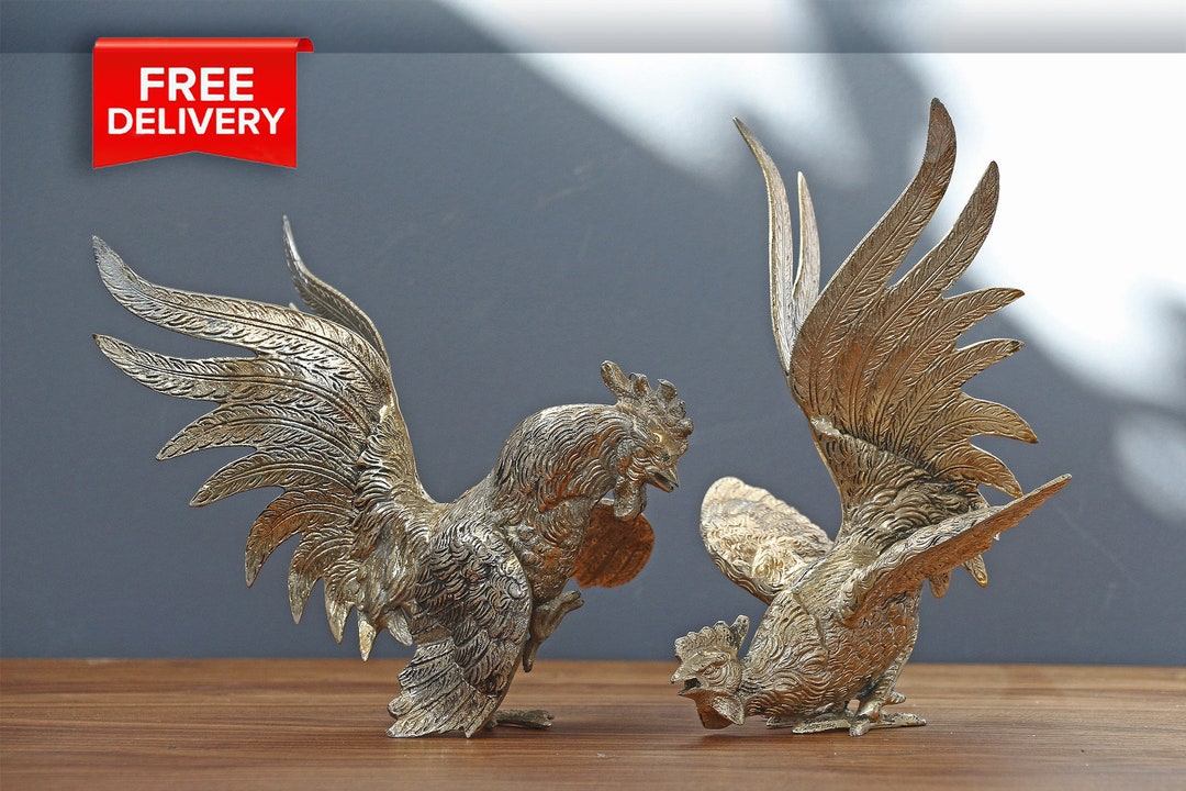 Fighting Bronze Pair Roosters, Fighting Cooks Table Centerpiece ...