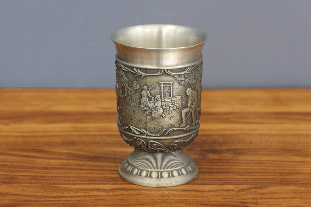 Vintage SKS Zinn Embossed Pewter Cup, Pewter Collectible German Glass ...
