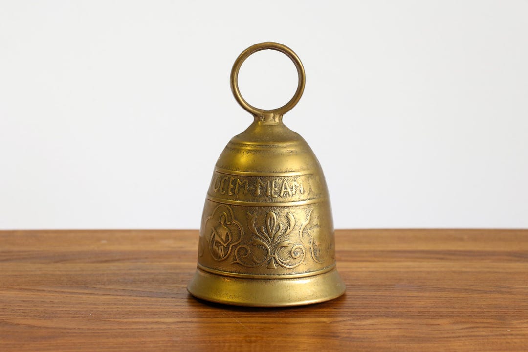 Vintage Heavy Brass Sanctuary Bell. Large Temple Bell. Embossed Brass ...