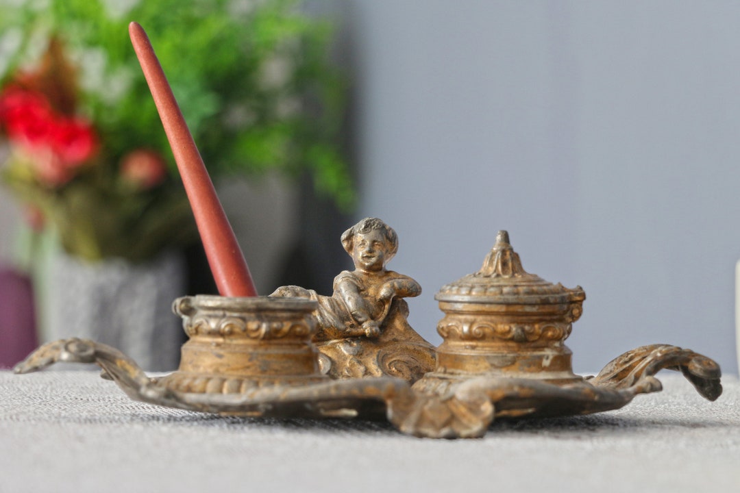 Art Nouveau Cast Metal Double Inkwell. Ornate Double Inkwell Cherub ...