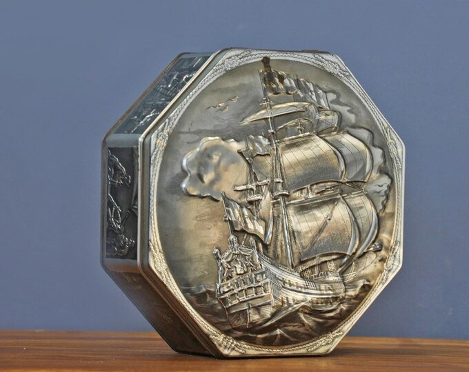 Antique Tin Biscuit Octagonal Box, Nautical Pewter Silver Colour Cookie ...